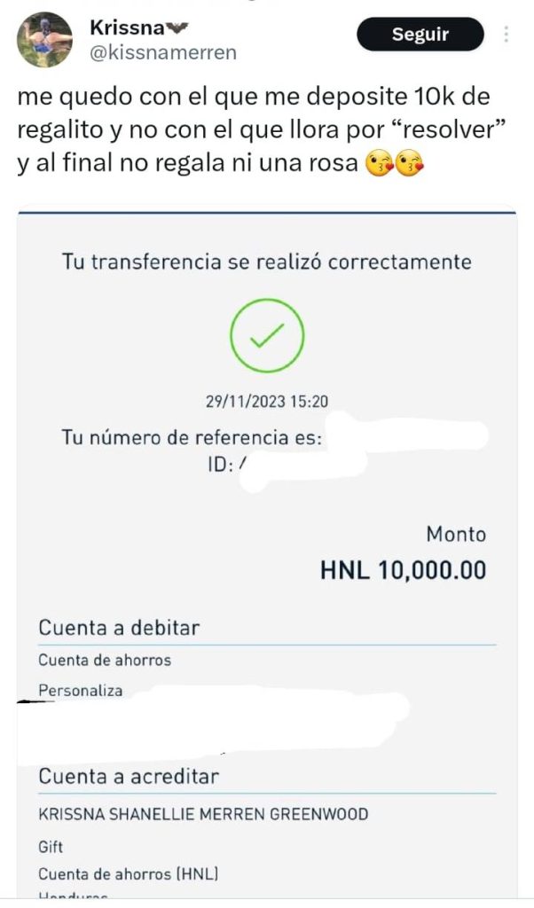'10k de regalito': hondureña presume que su pareja le manda dinero