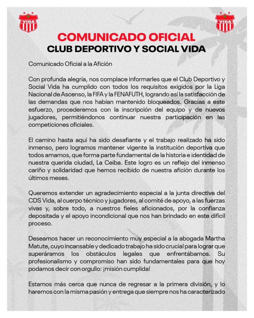 Vida resurge de las cenizas y confirma que regresa a la Liga Nacional