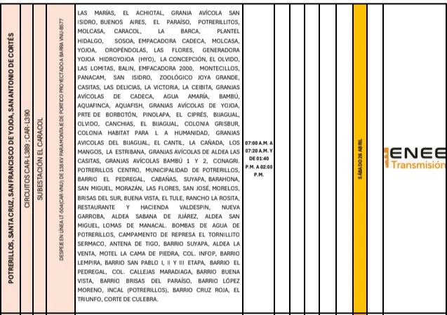 Zonas sin energía eléctrica para este sábado 26 de abril en Honduras