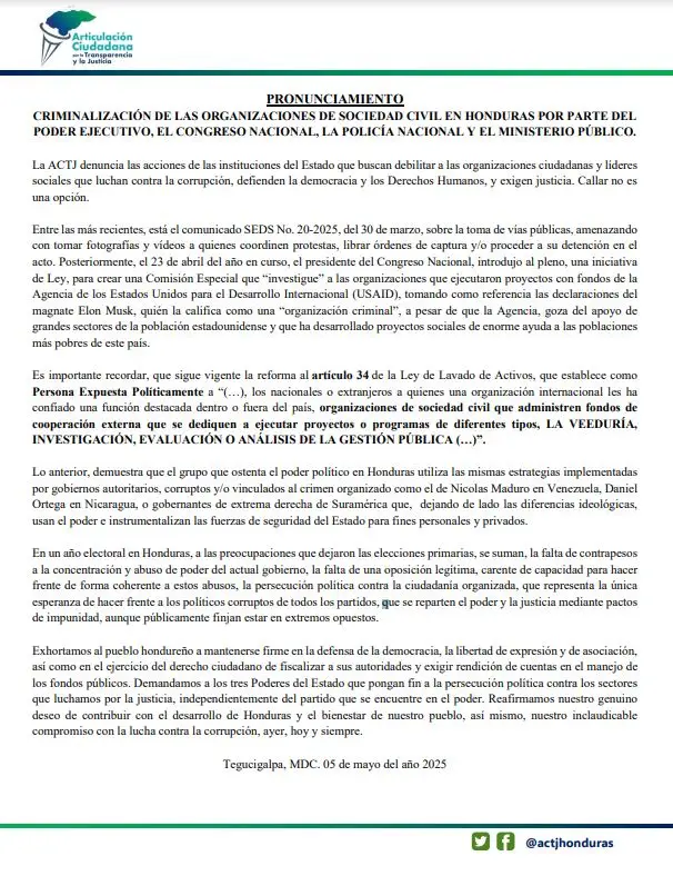 ACTJ denuncia criminalización de organizaciones civiles en Honduras