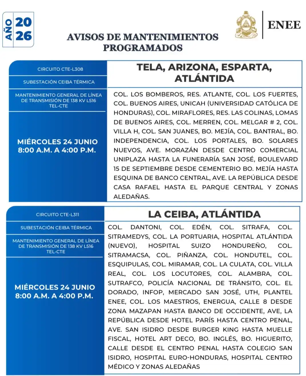 Cortes de energía eléctrica para este miércoles 24 de junio en Honduras